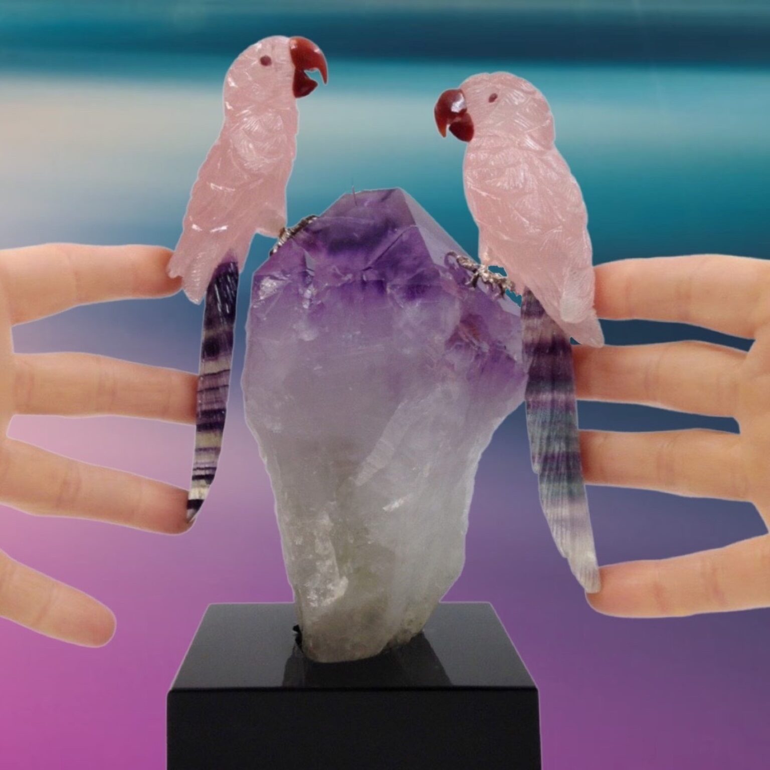 Geoclassics | Rose Quartz Macaw Couple by Peter Muller